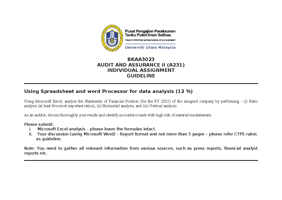 BKAA3023 (A231) - Individual Assignment - BKAA AUDIT AND ASSURANCE II ...