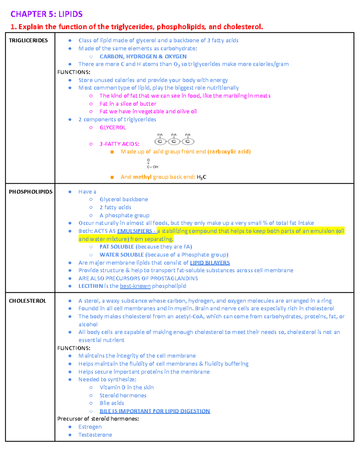 Nutrition exam 2 - CHAPTER 5: LIPIDS 1. Explain the function of the ...