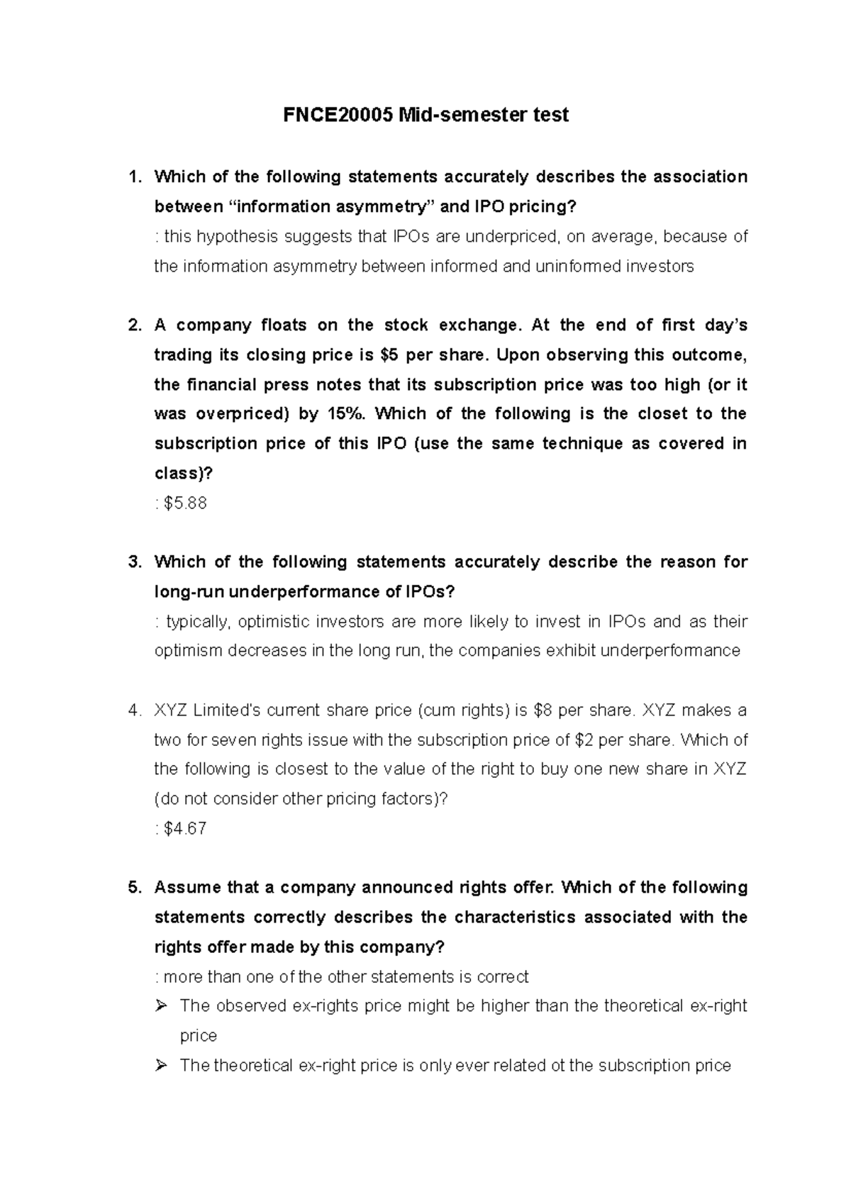 FNCE2000 5 MST - FNCE20005 Mid-semester test Which of the following ...