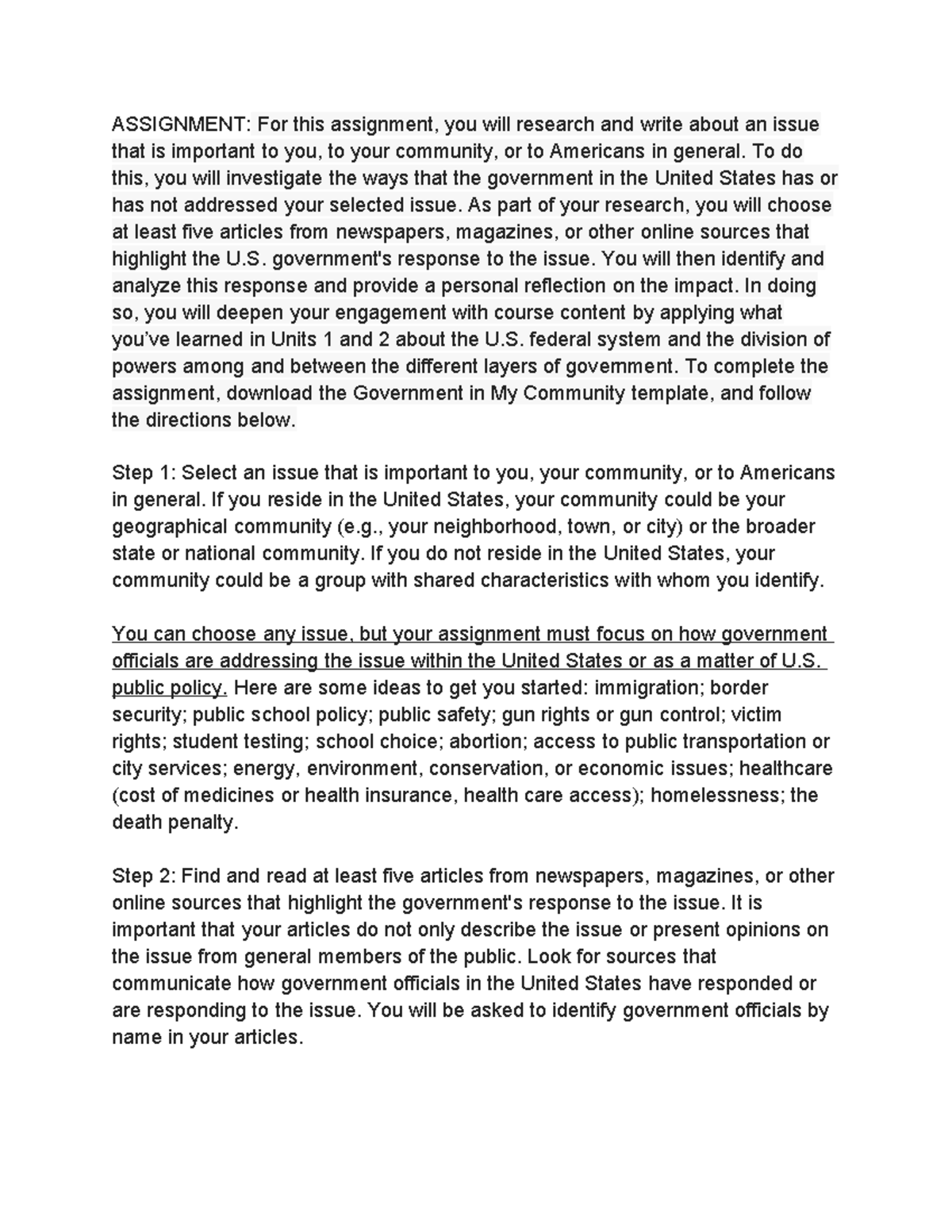 Assignment Government in my community - ASSIGNMENT: For this assignment ...