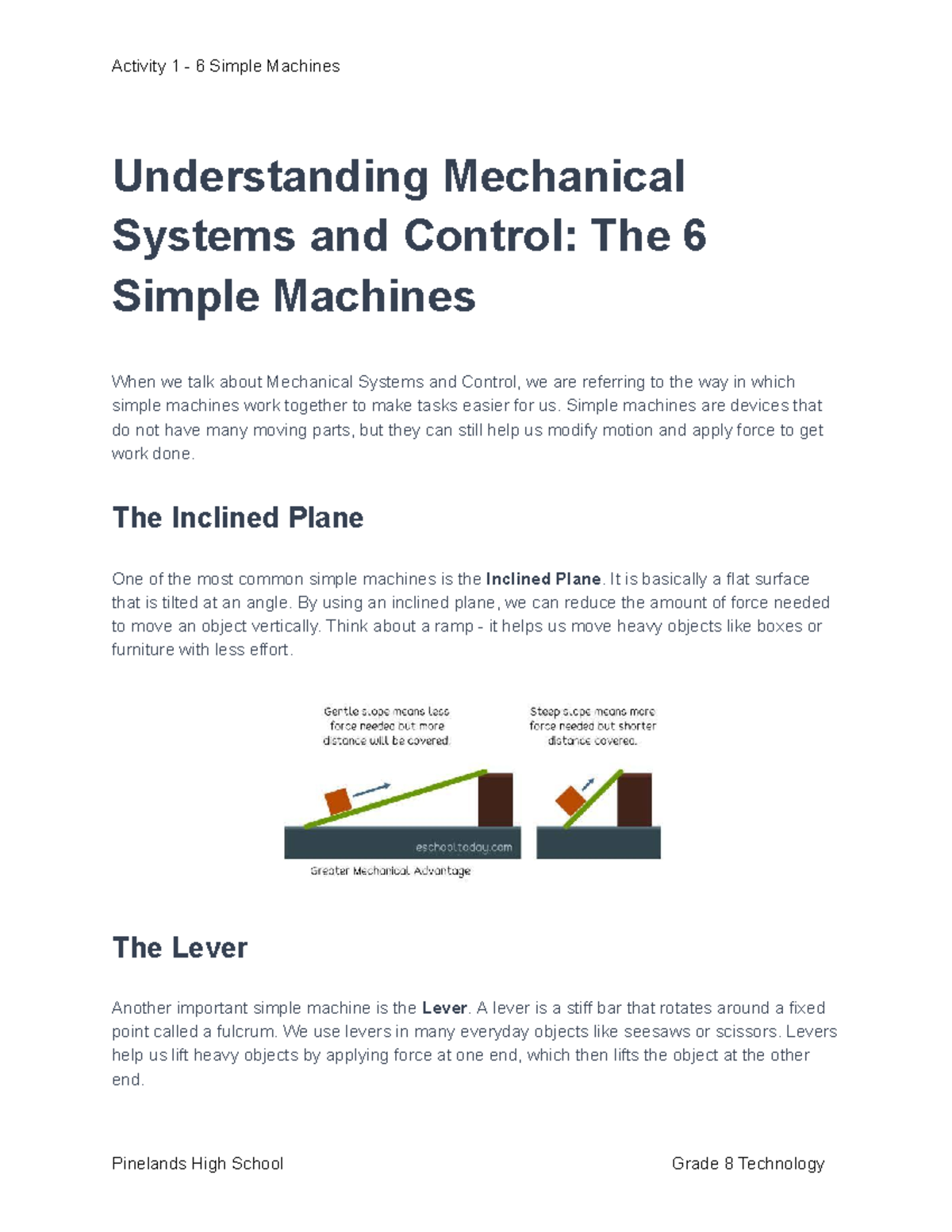 Activity 1 - 6 Simple Machines Teacher Guide - Understanding Mechanical Systems and Control: The ...