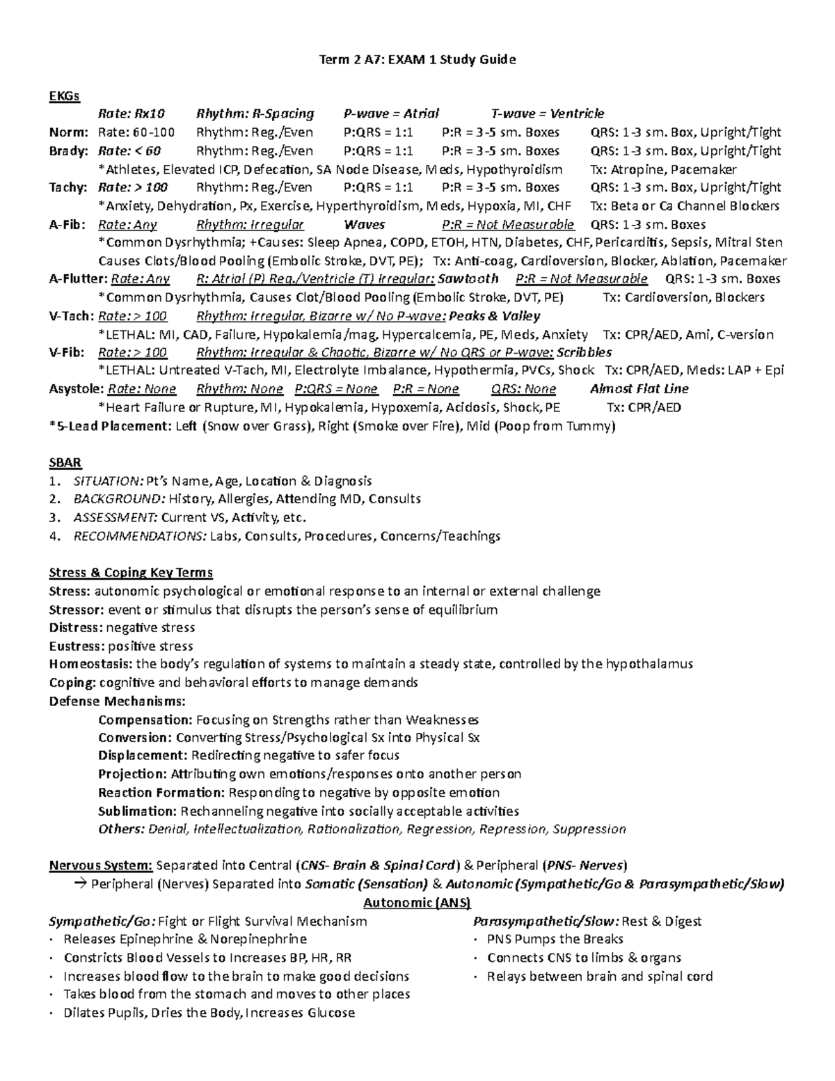 Exam 1 Study Guide - Term 2 A7: EXAM 1 Study Guide EKGs Rate: Rx10 ...