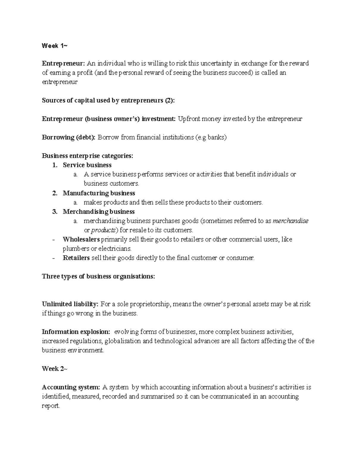 Buss1030 notes - Week 1~ Entrepreneur: An individual who is willing to ...