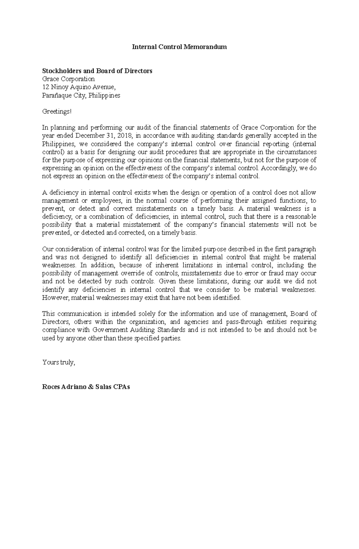 A16 Internal Control Memorandum - Internal Control Memorandum ...