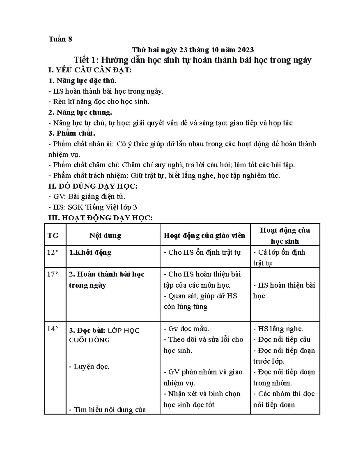 Cuối buổi tuần 8 - fbgn - Tuần 8 Thứ hai ngày 23 tháng 10 năm 2023 Tiết ...