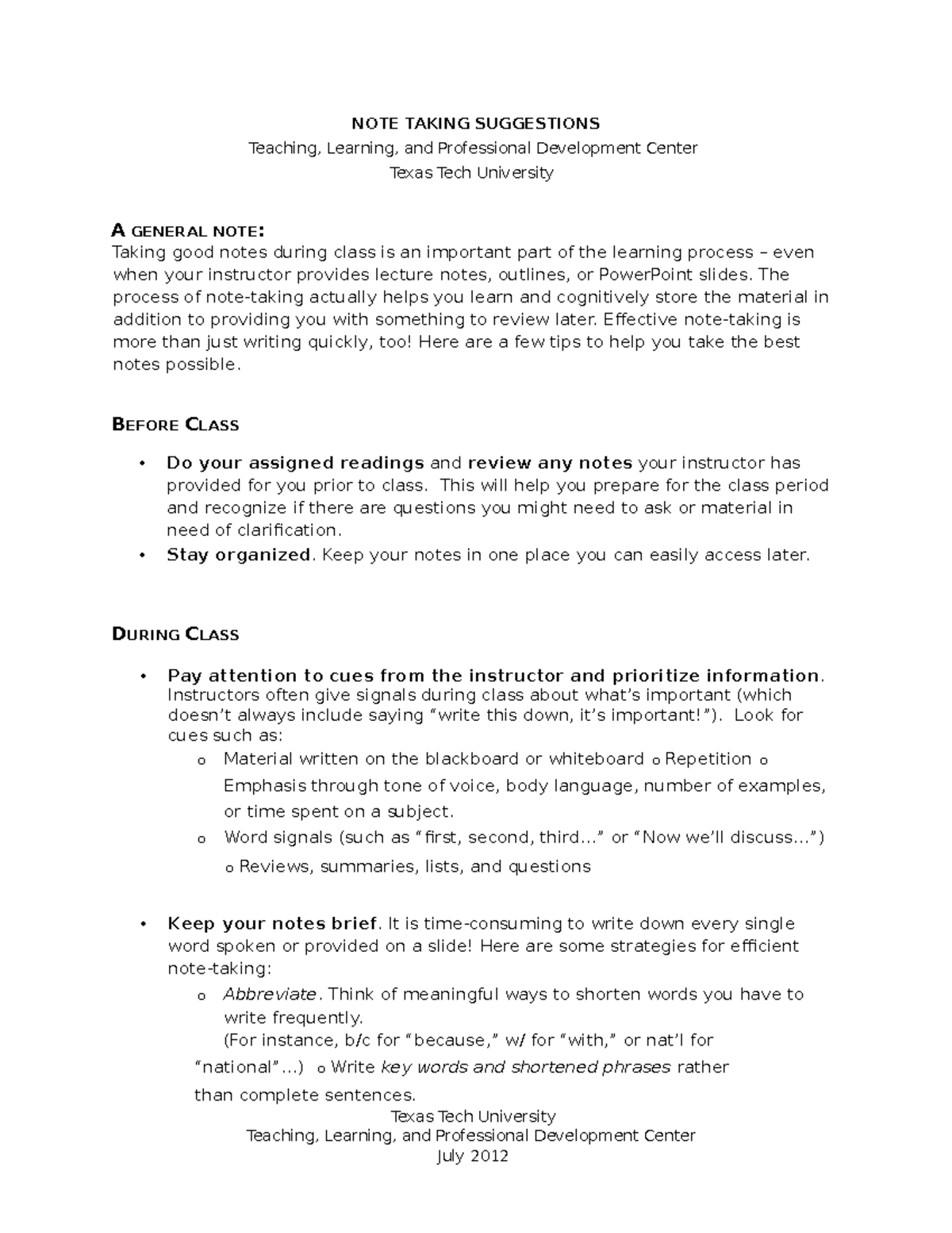 Notetaking Suggestions for Students - NOTE TAKING SUGGESTIONS Teaching ...