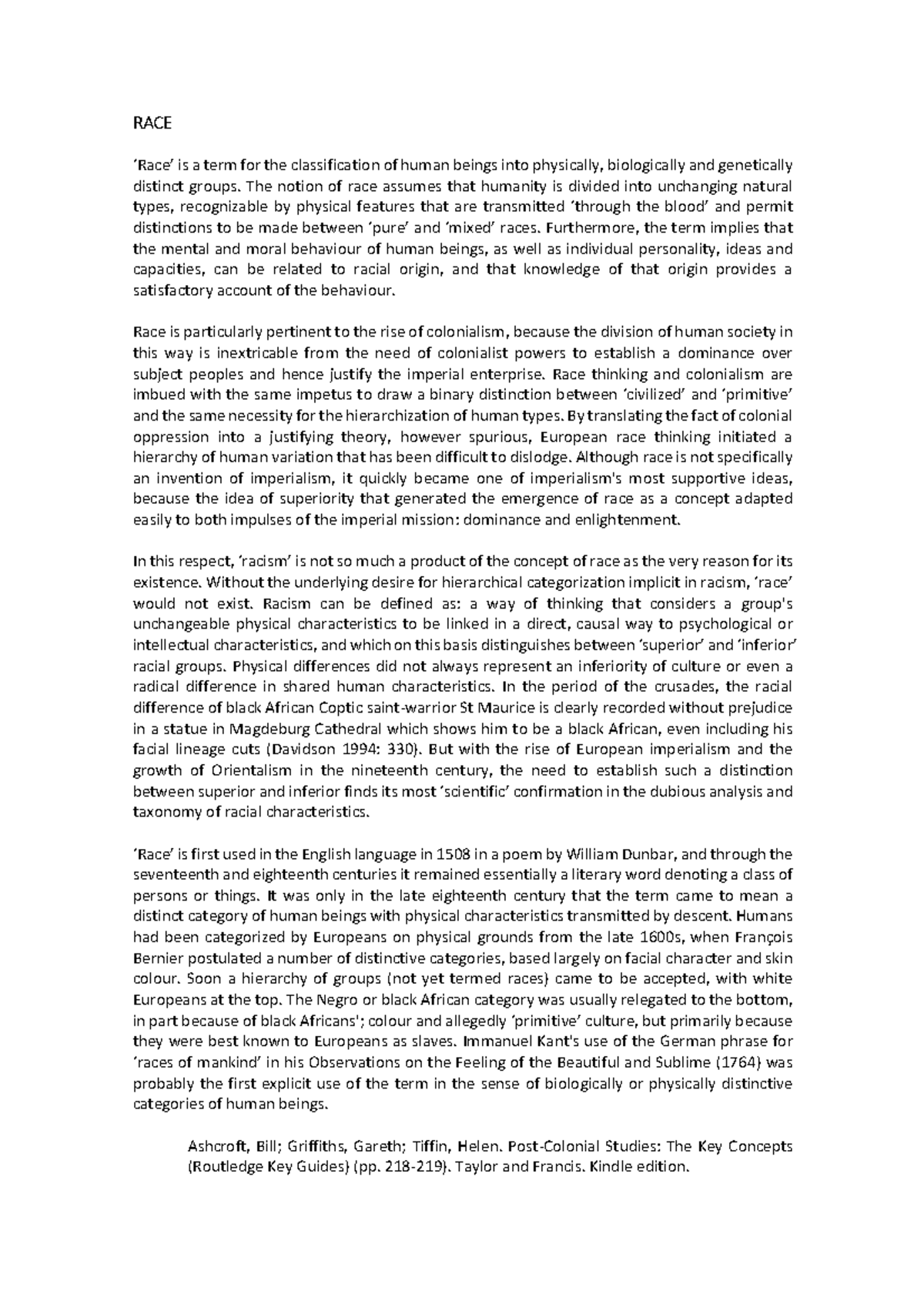 RACE - A summary of the concept of race - RACE ‘Race’ is a term for the ...