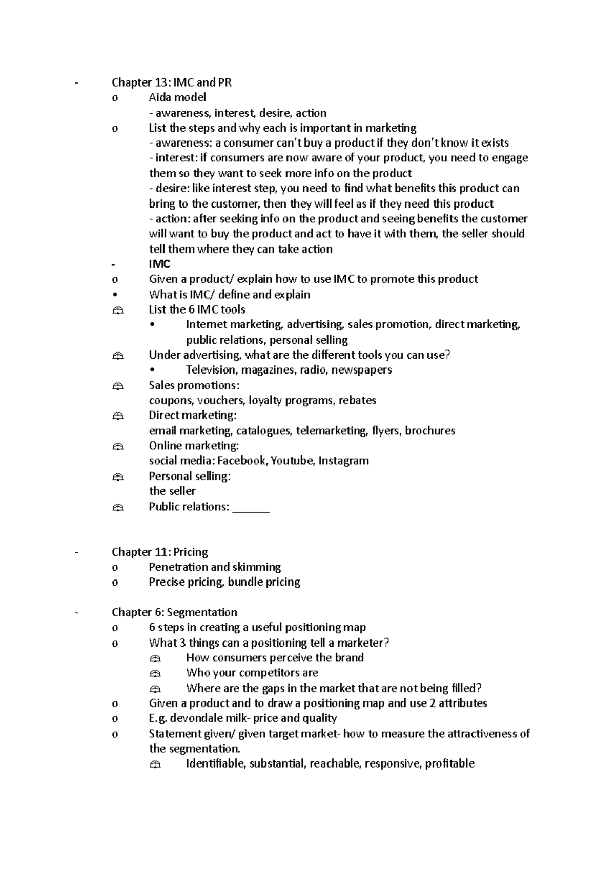 BSB126 Revision - Chapter 13: IMC and PR o Aida model - awareness, interest, desire, action o ...