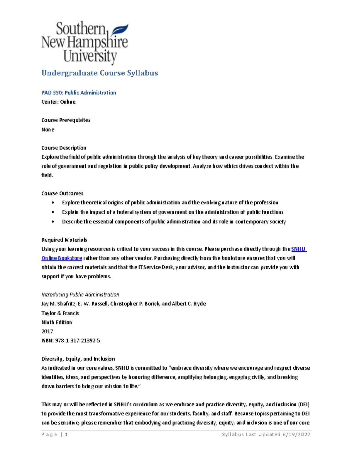 PAD 330 Syllabus - Undergraduate Course Syllabus PAD 330: Public ...