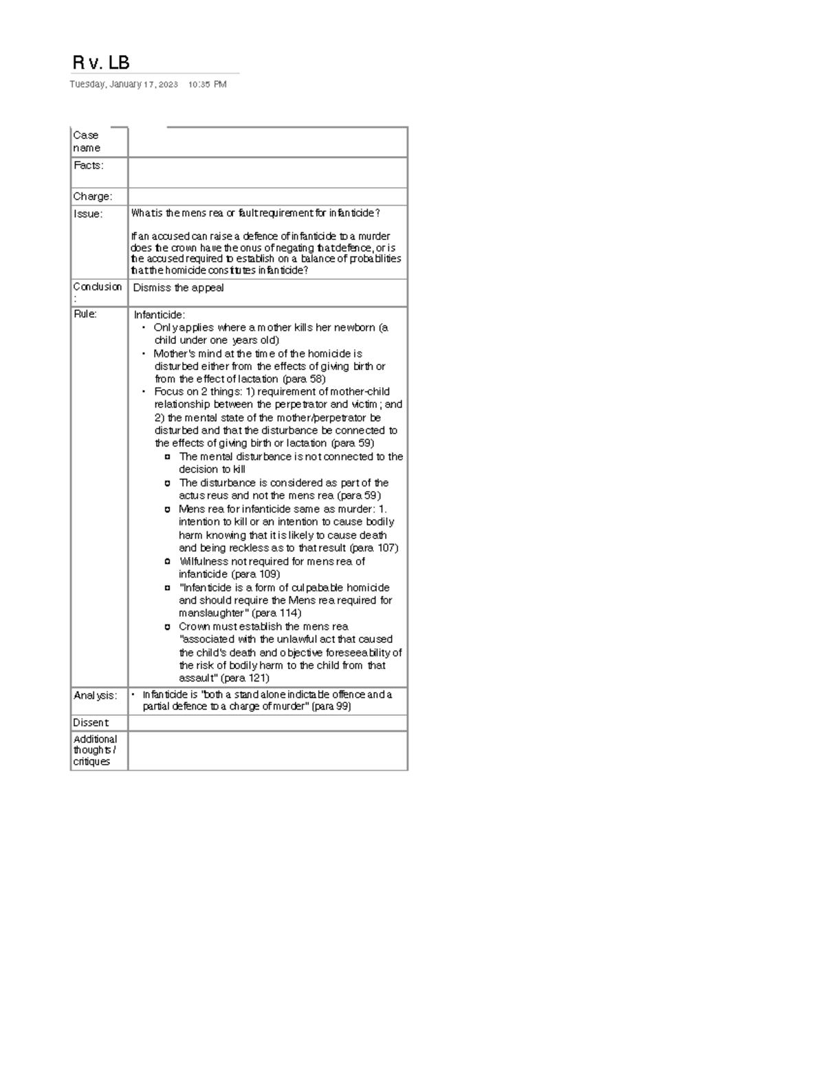 R v LB - case brief - R v. LB Tuesday, January 17, 2023 10:35 PM Case ...