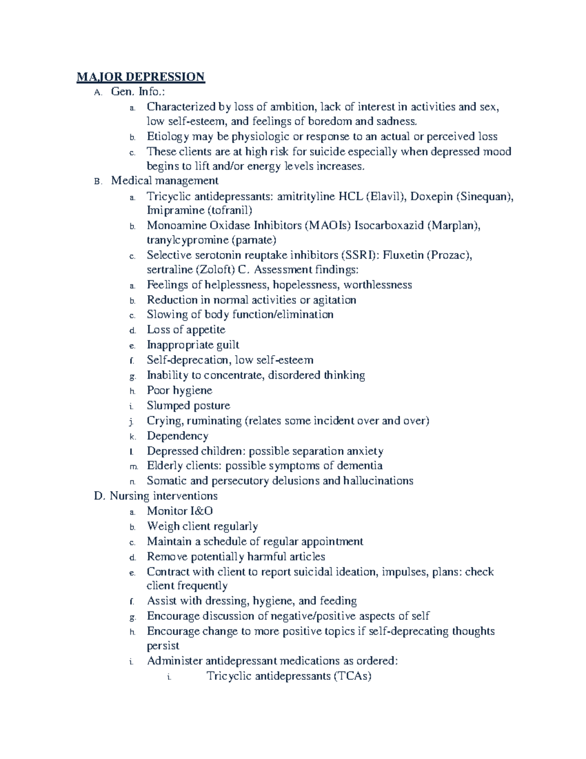 Major Depression - summary - MAJOR DEPRESSION A. Gen. Info.: a ...