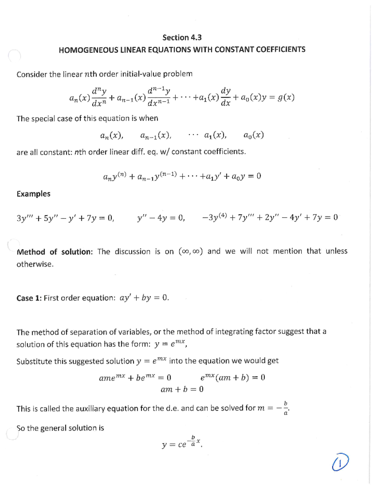 Section 4.3 Homogeneous Linear Equations with Constant Coefficients - MATH 3523 - Studocu