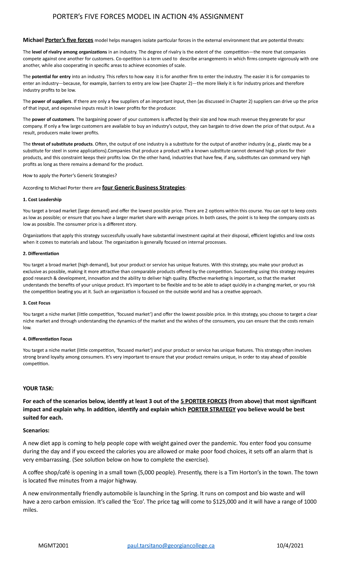 PORTER’s FIVE FORCES MODEL IN ACTION 4% ASSIGNMENT - Michael Porter’s ...
