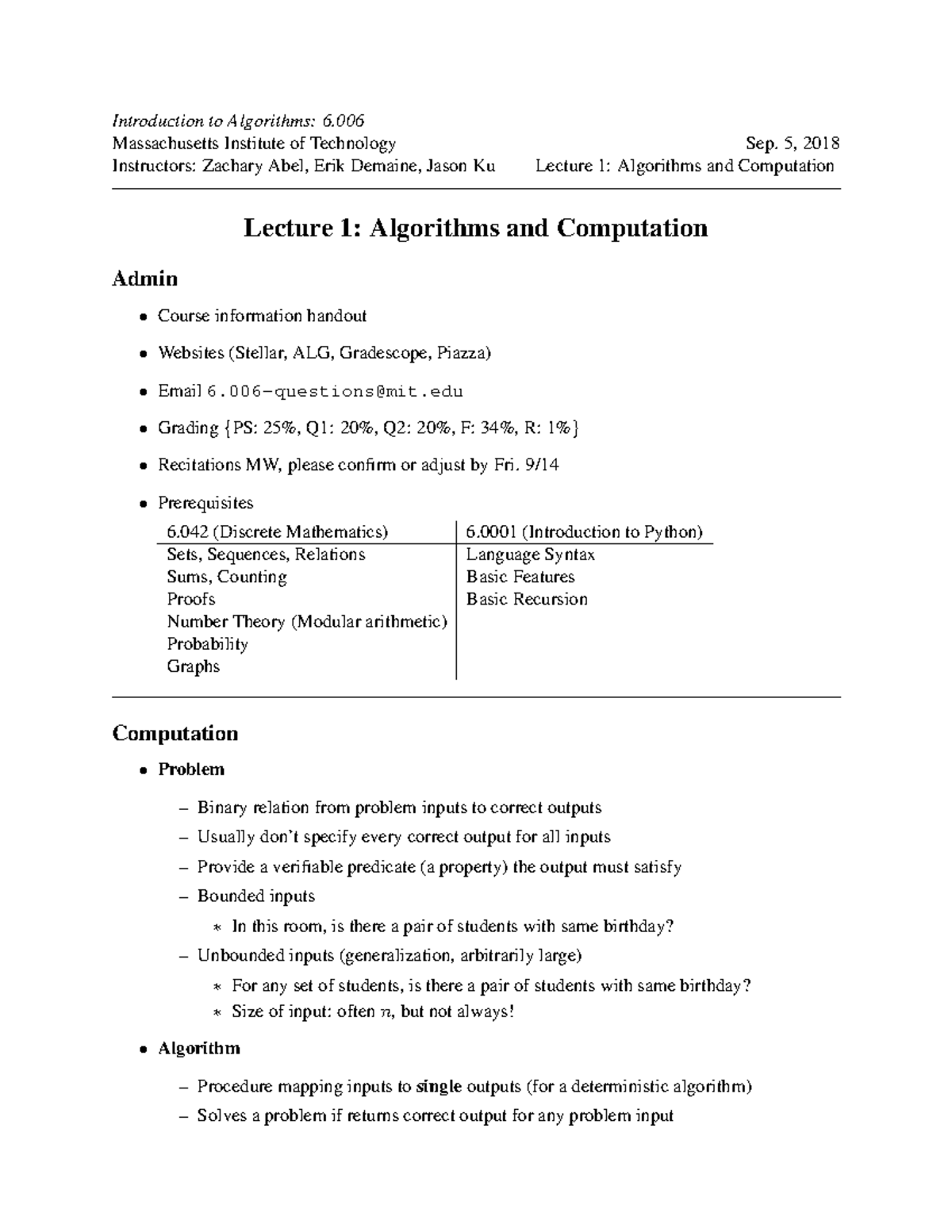 L01 - notes - Introduction to Algorithms: 6. Massachusetts Institute of ...