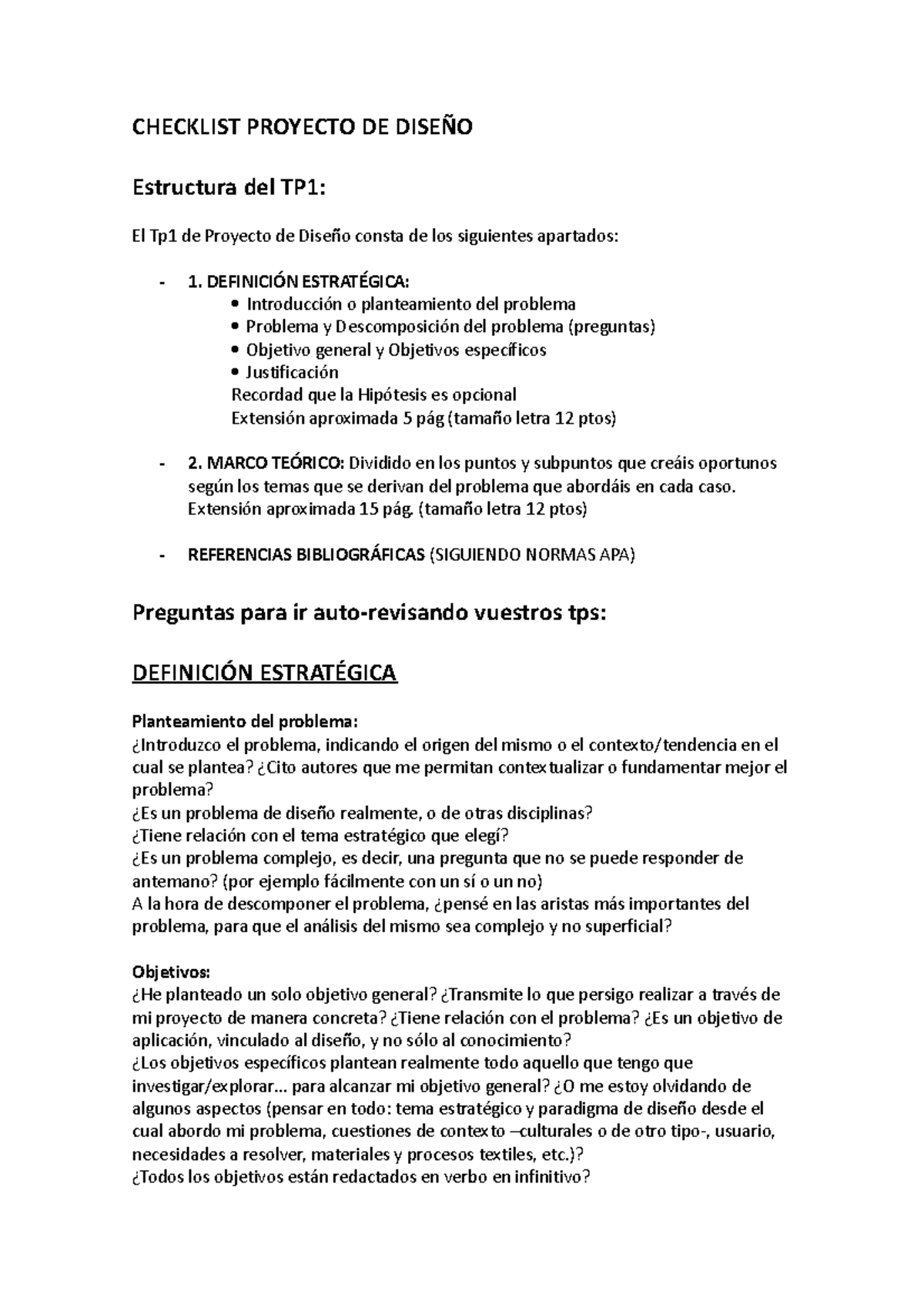 Checklist Proyecto Diseño TP1-1 - CHECKLIST PROYECTO DE DISEÑO ...