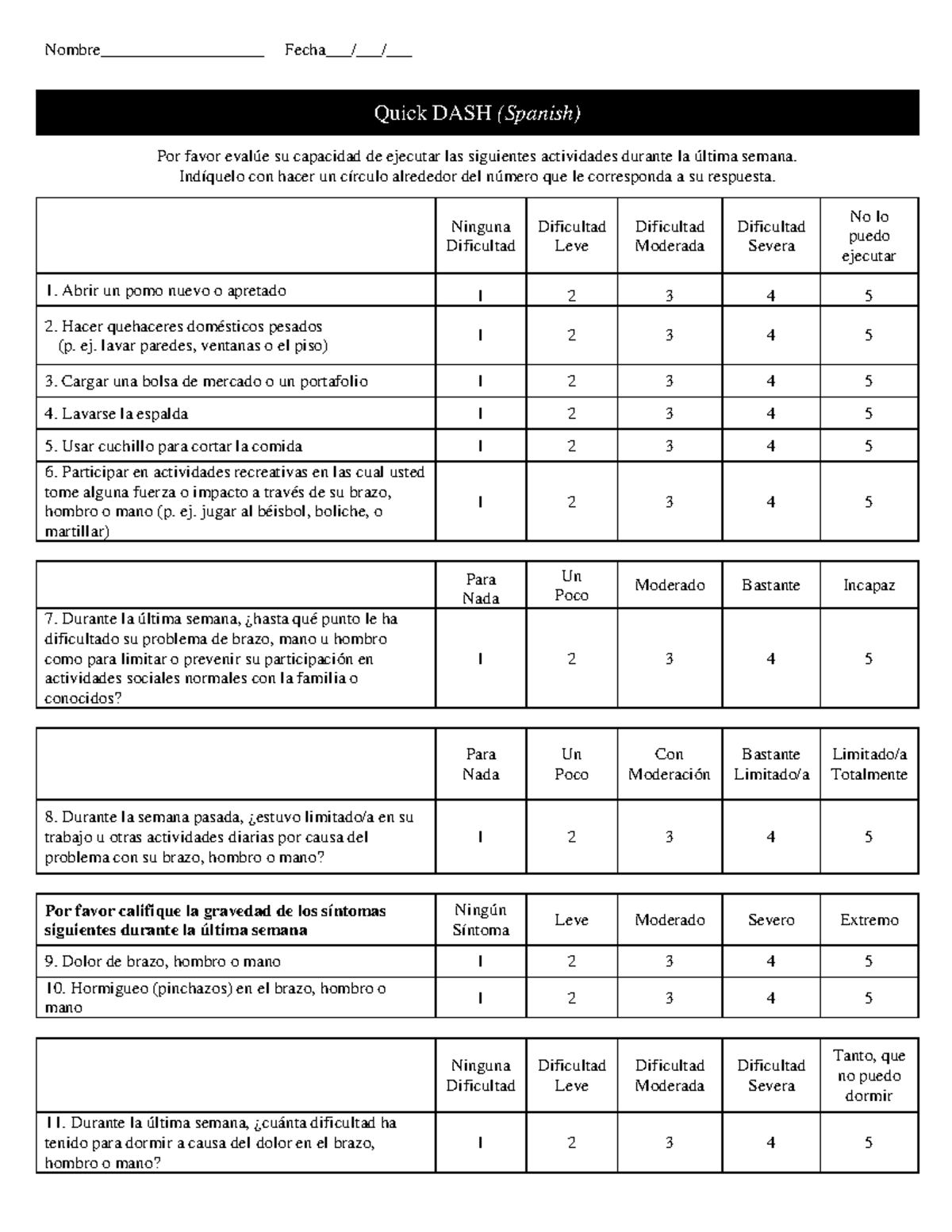 Spanish-Quick-DASH - Nombre___________________ Fecha___// Quick DASH ...