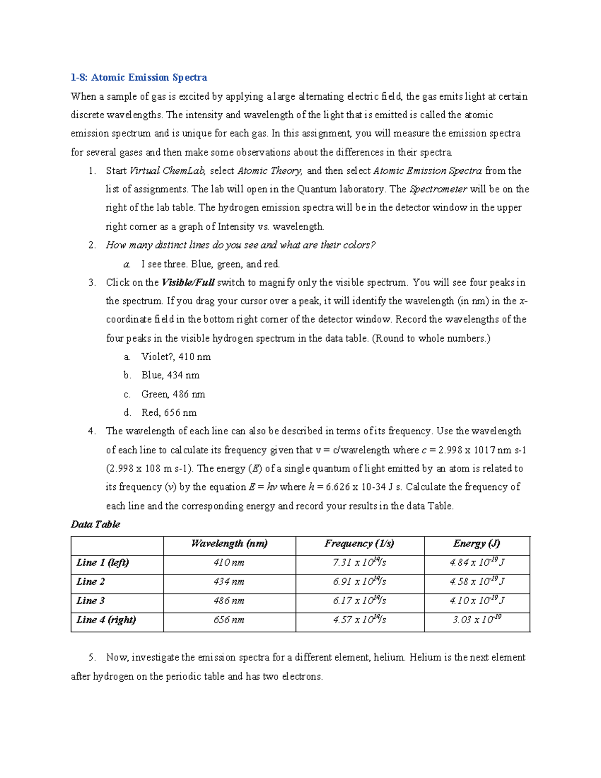 Atomic Emission Spectra Lab WS - 1-8: Atomic Emission Spectra When a ...