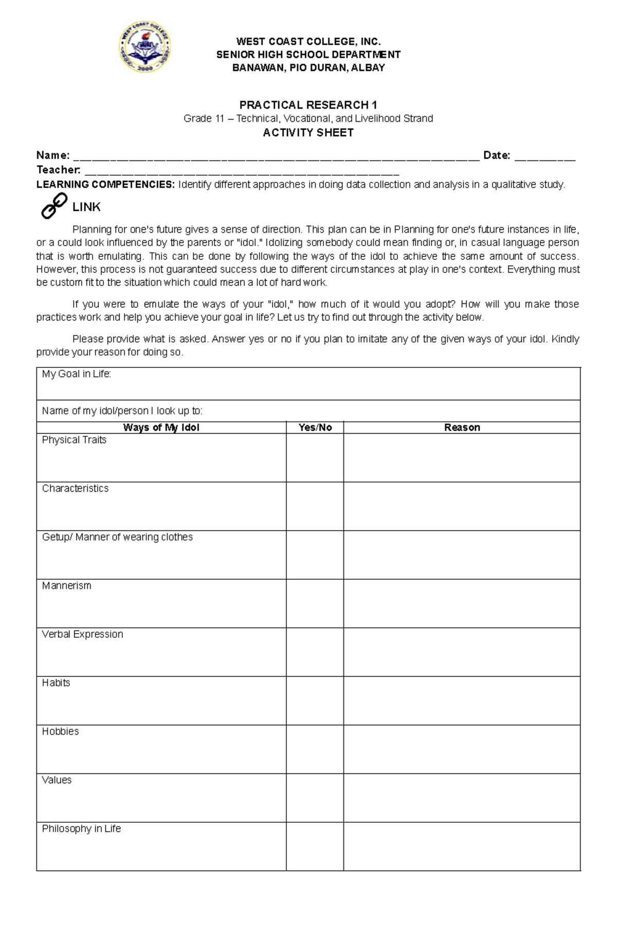 PR 1 ACT Sheet - Activity for PR 1 - WEST COAST COLLEGE, INC. SENIOR ...