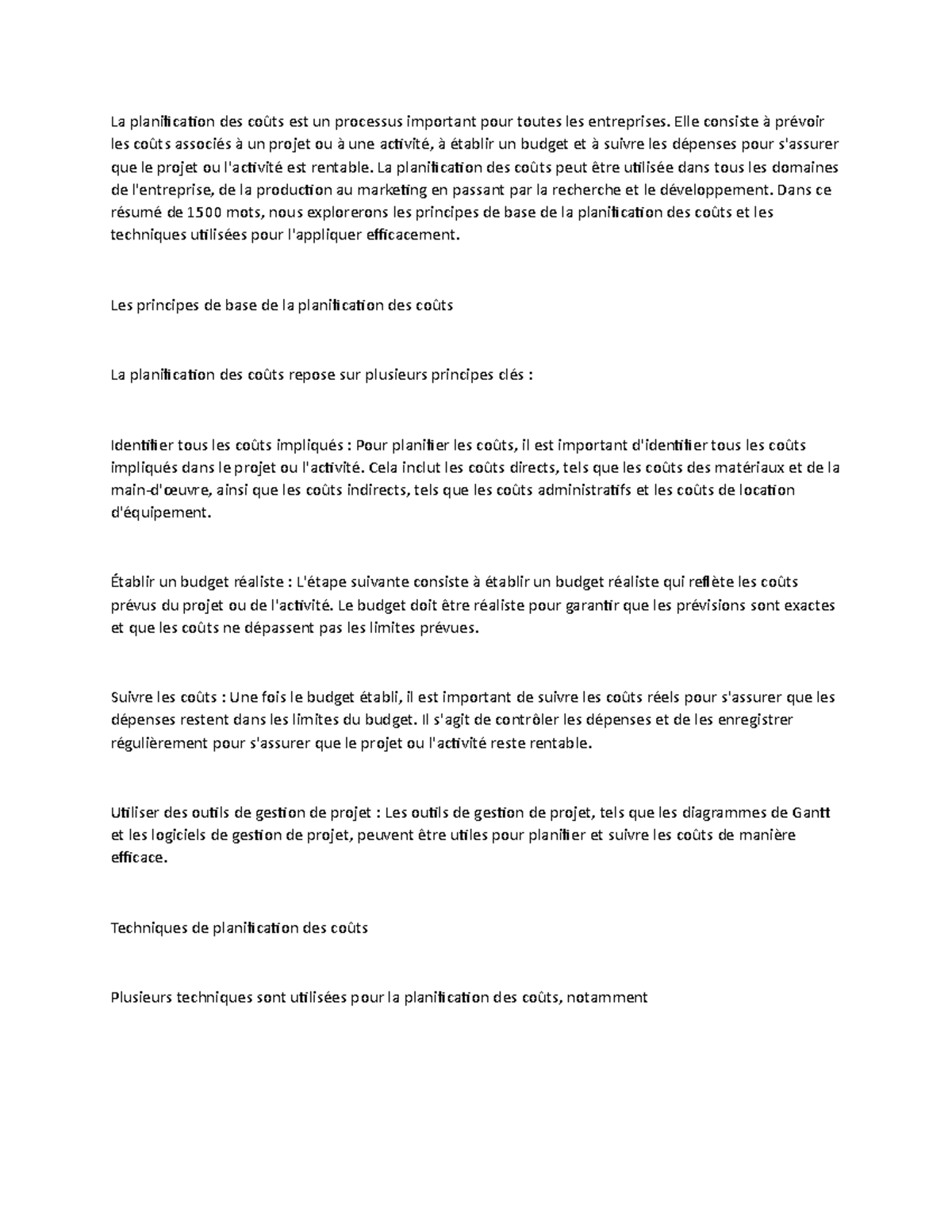 Planification des coûts - Elle consiste à prévoir les coûts associés à ...