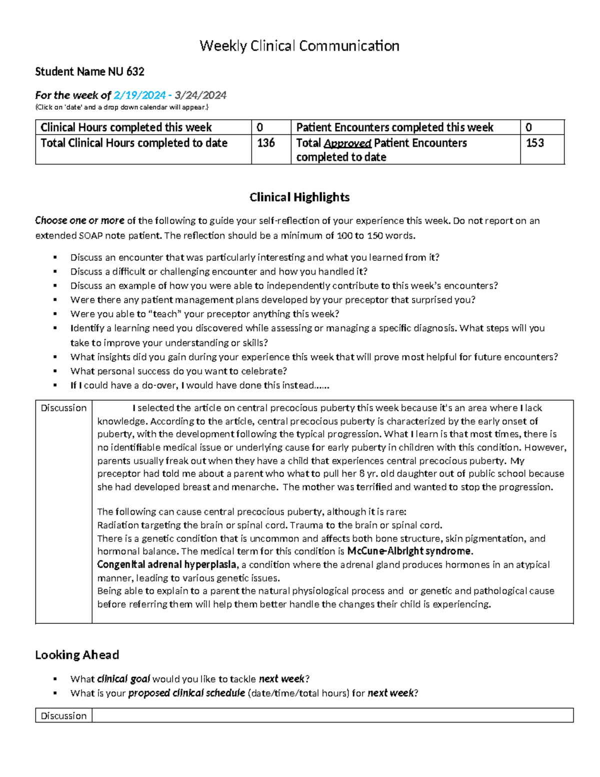 Weekly 12 Clinical Communication NU632 - Weekly Clinical Communication ...