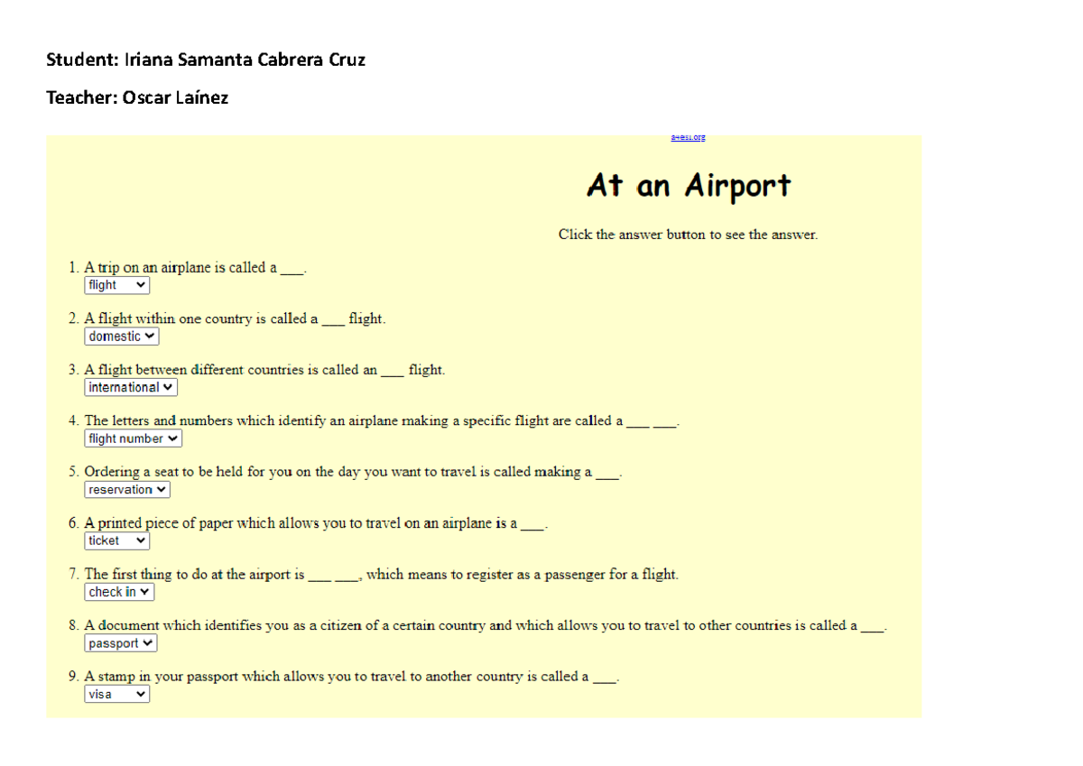 At an Airport Quiz - Inglés II - Student: Iriana Samanta Cabrera Cruz ...