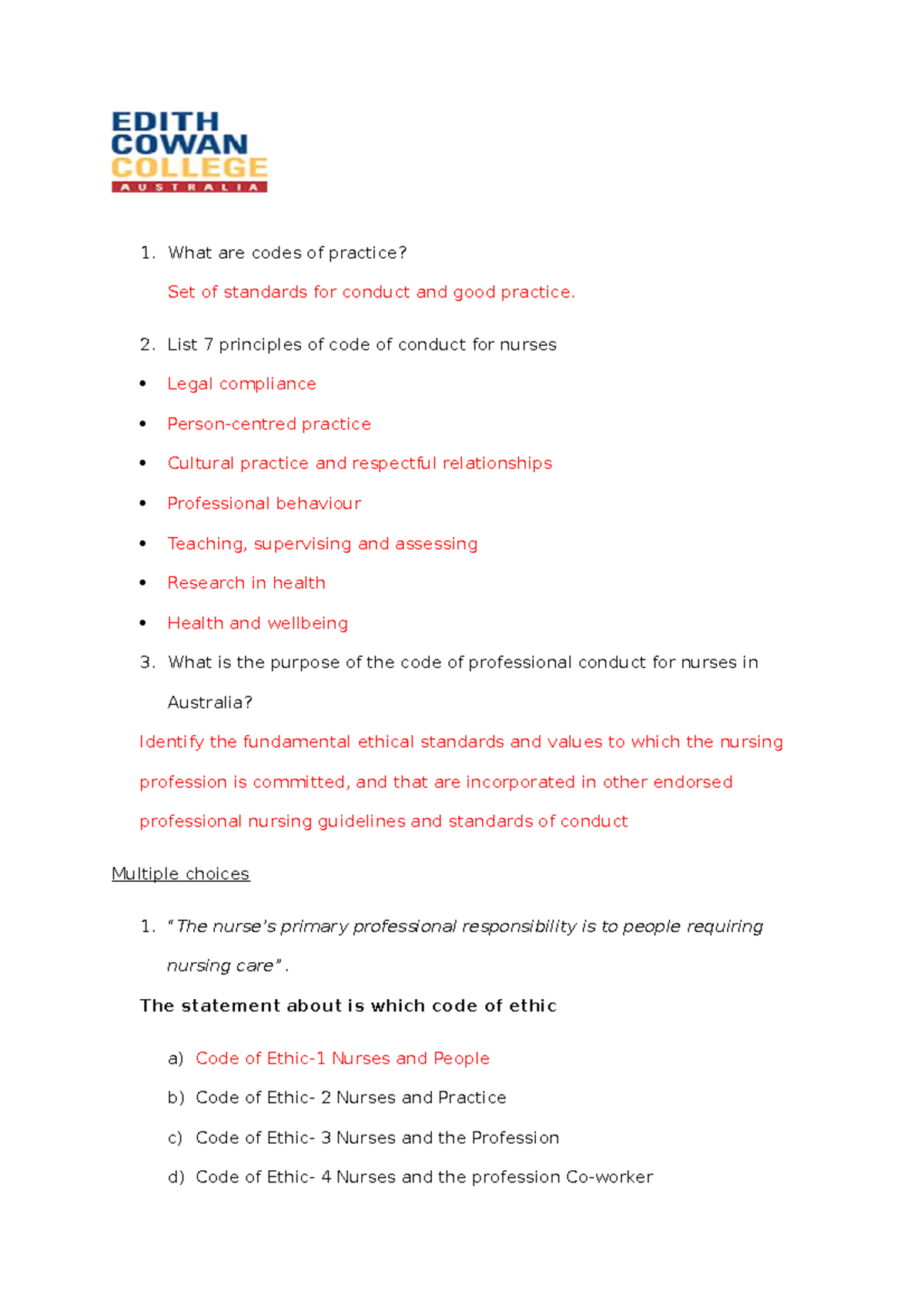 Week 4 Revision sheet - What are codes of practice? Set of standards ...