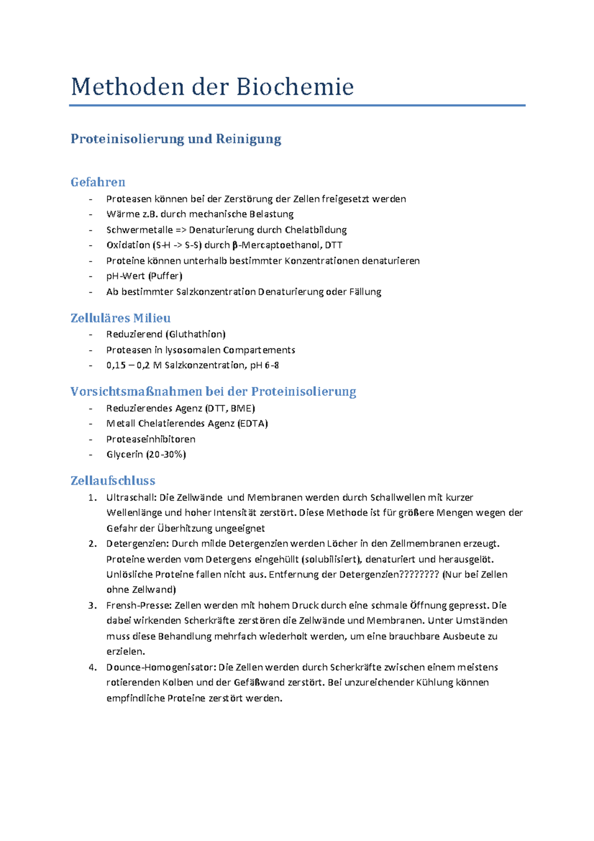 Zusammenfassung BC1 Methoden - Methoden der Biochemie Proteinisolierung ...