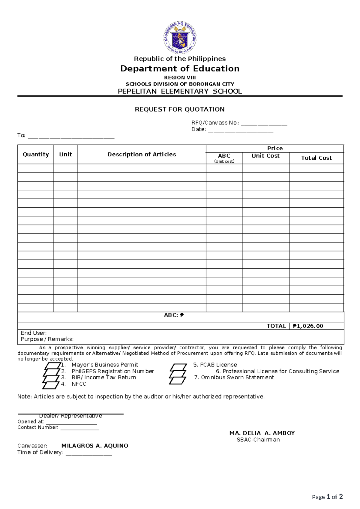 RFQ-Canvass - TEMPLATE - Republic of the Philippines Department of ...
