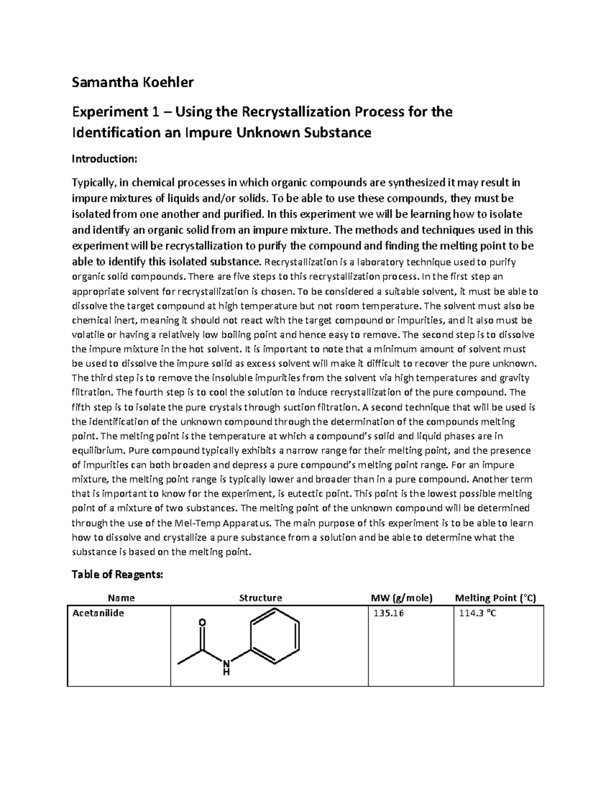 OChem Lab Experiment 1-Lab Report - Samantha Koehler Experiment 1 ...