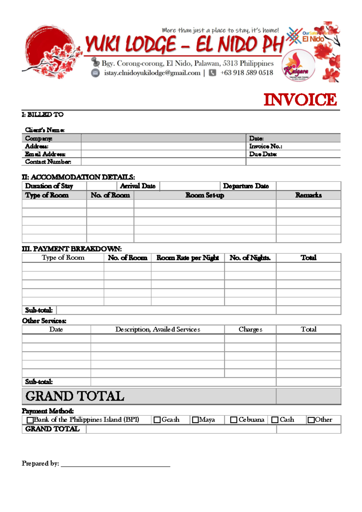 Invoice - : Email Address: Due Date: Contact Number: II: ACCOMMODATION ...
