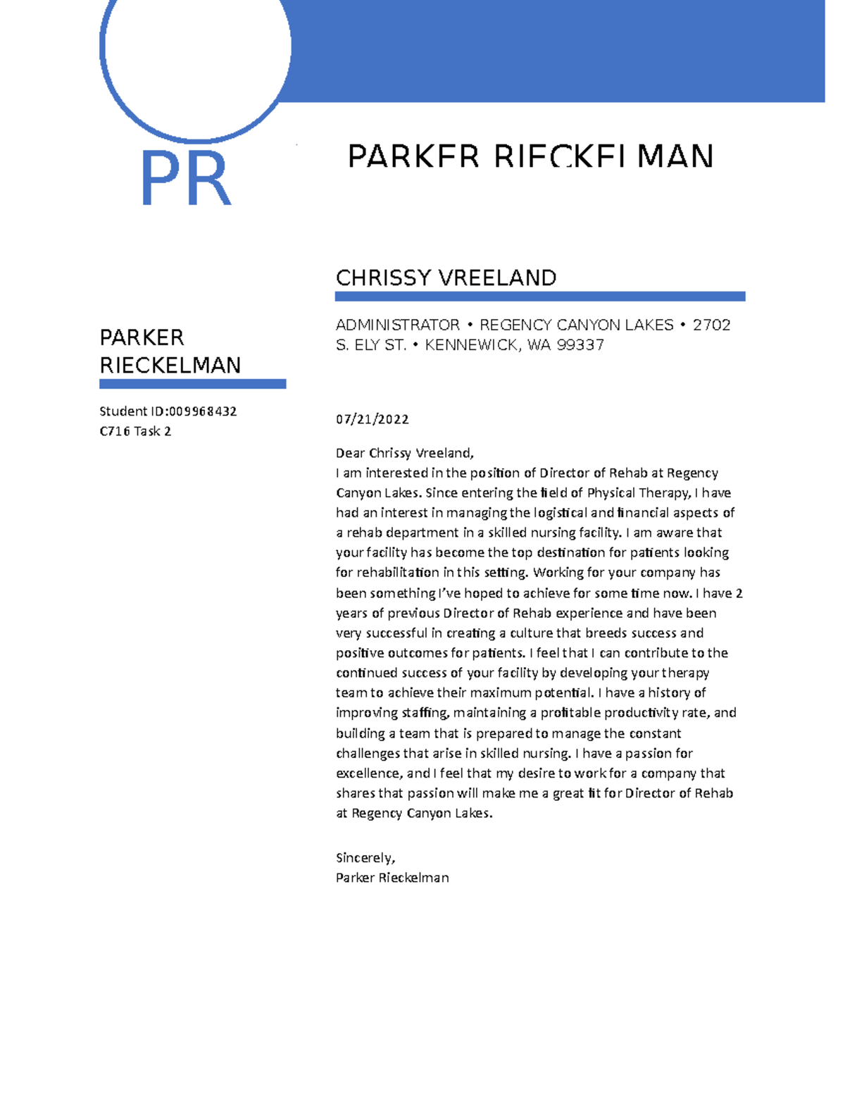 C716 Task 2 Cover Letter Parker Rieckelman - PR PARKER RIECKELMAN ...