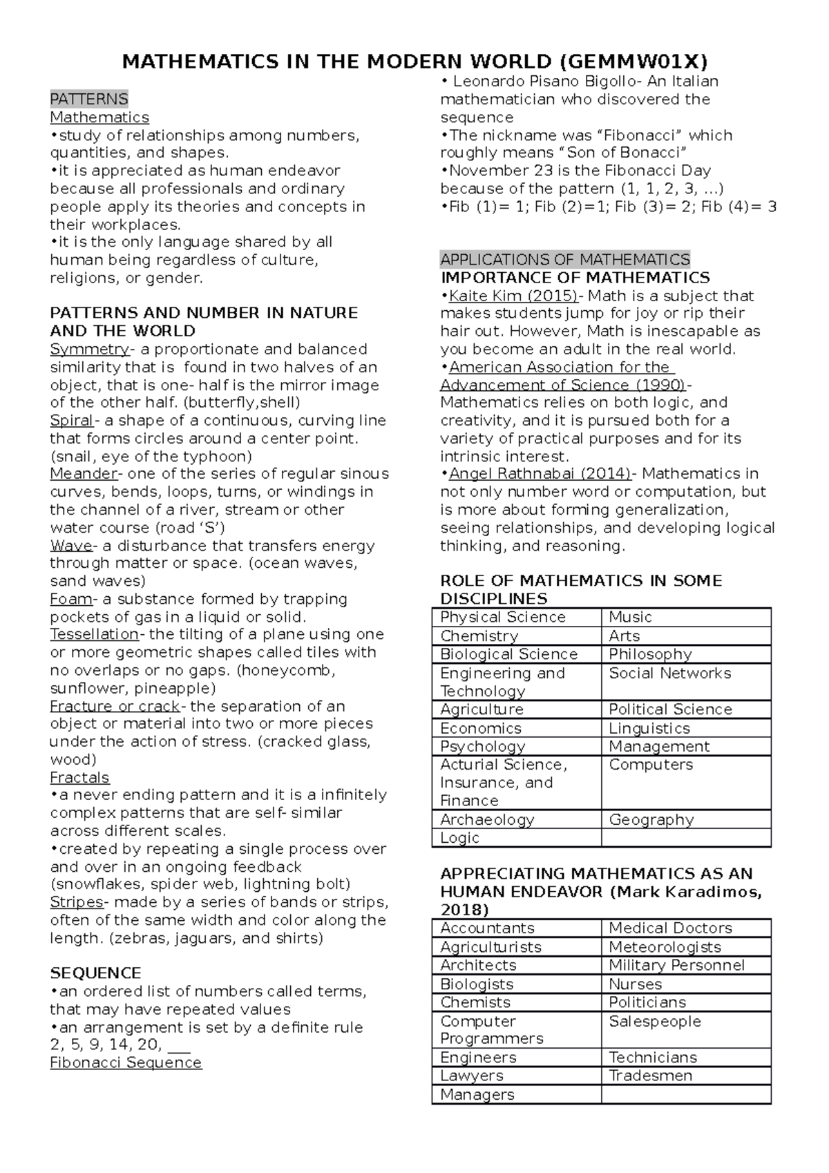 Gemmw 01X-Reviewer - Reviewer mmw - PATTERNS Mathematics •study of ...