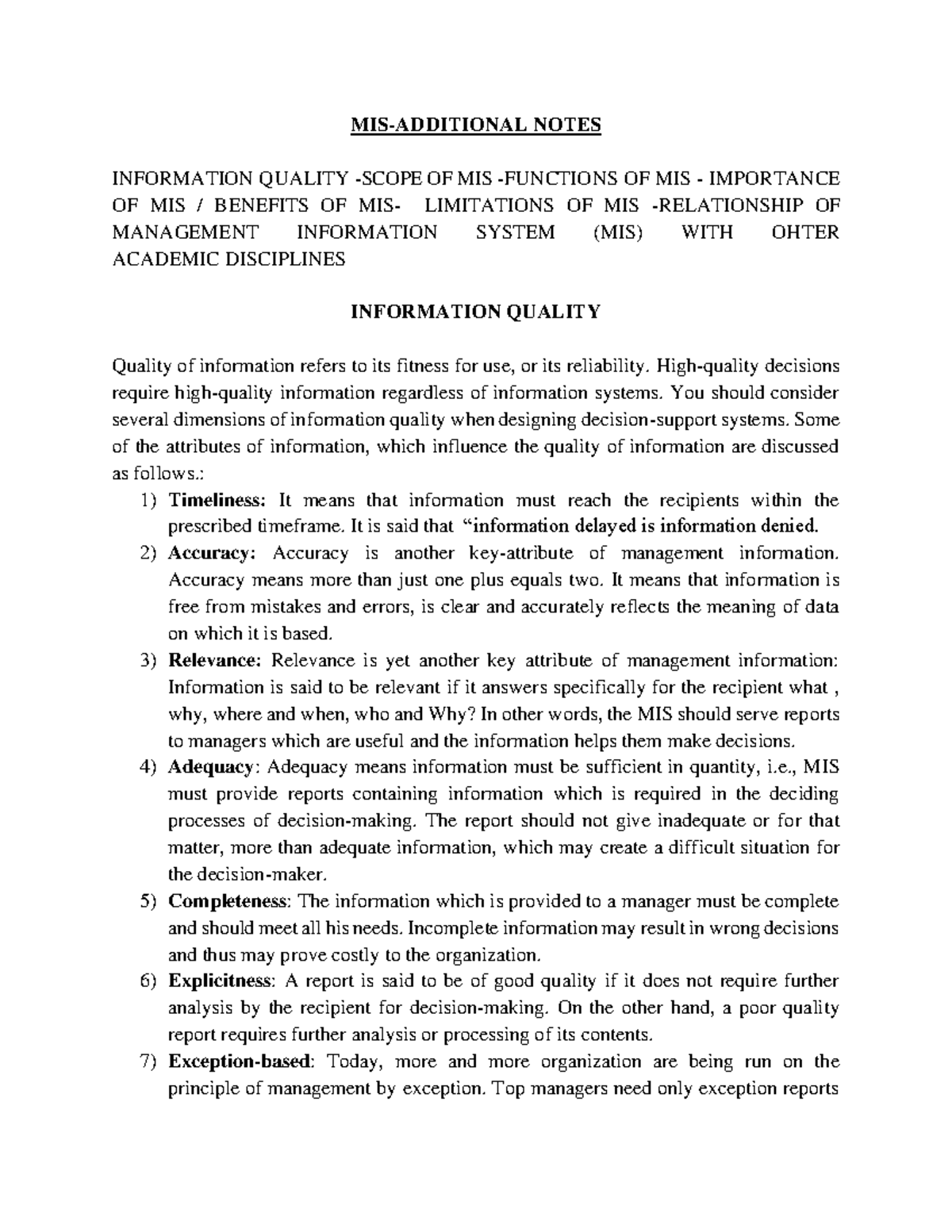 Management information system note 9 - MIS-ADDITIONAL NOTES INFORMATION ...