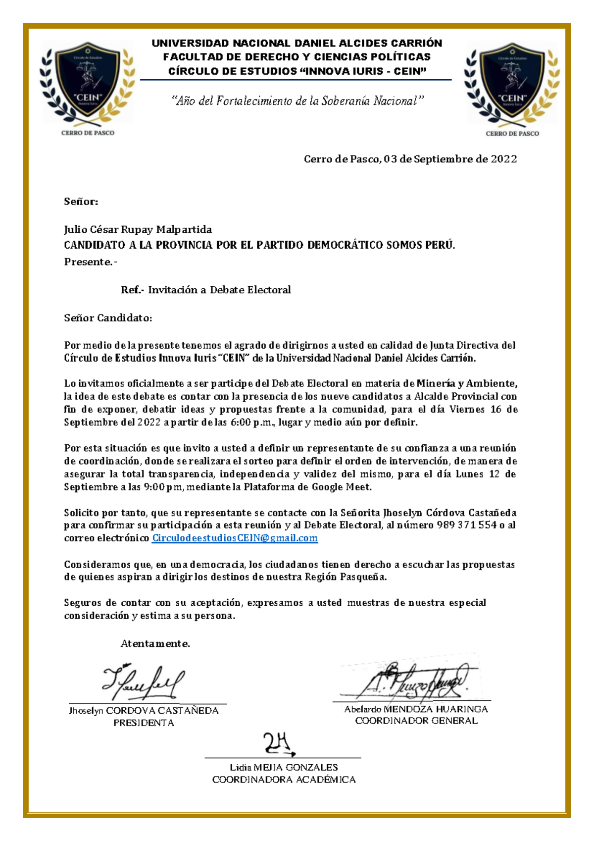 Invitación Abg. Julio César Rupay Malpartida - UNIVERSIDAD NACIONAL ...