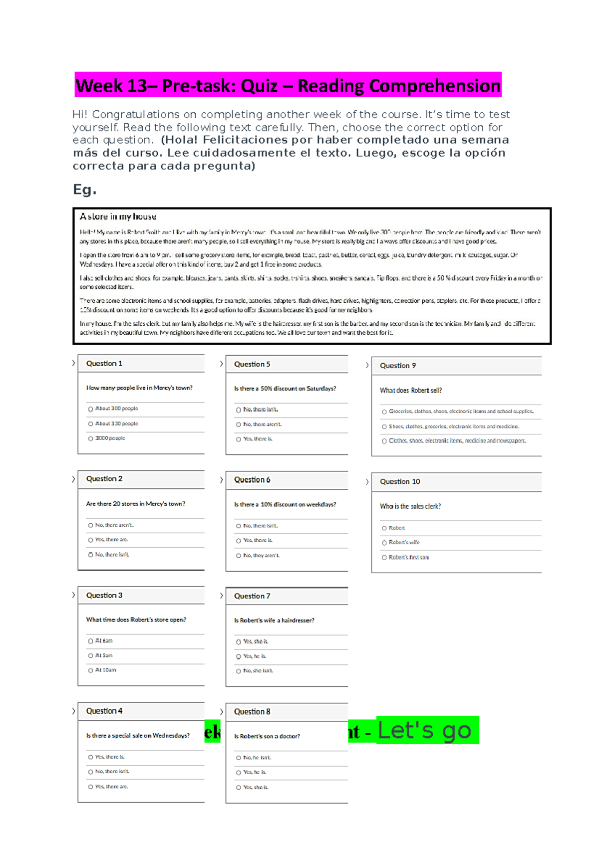 TASK 13 Ingles II - Week 13– Pre-task: Quiz – Reading Comprehension Hi! Congratulations on - Studocu