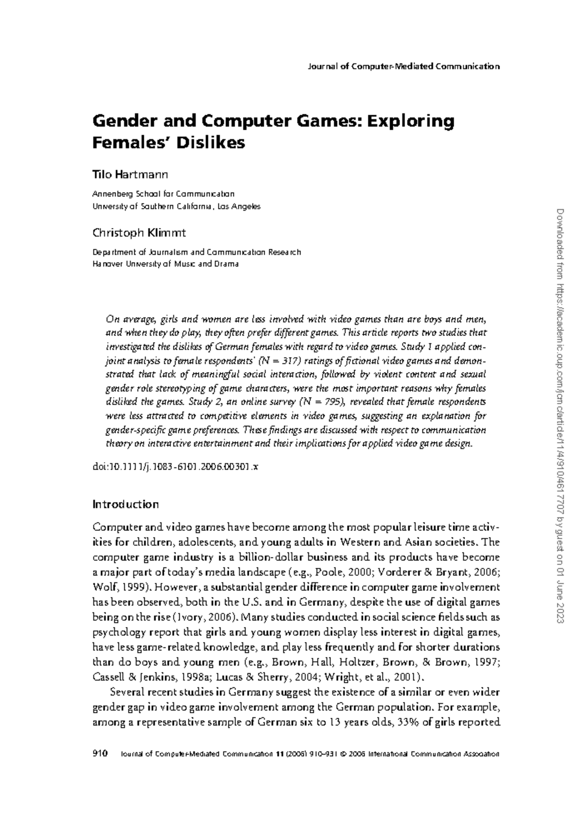 Gaming and gender - Gender and Computer Games: Exploring Females’ Dislikes Tilo Hartmann ...