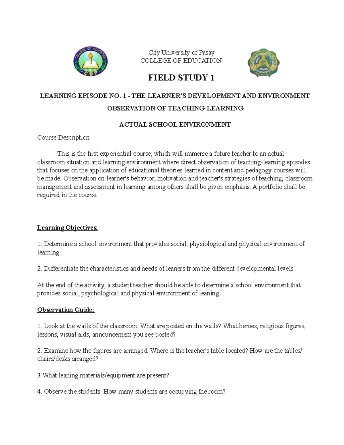 Learning-episodes - ......... - City University of Pasay COLLEGE OF ...