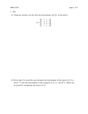 Math 2130 Practice Exam 1 - (10) Let A = 1 5 − 2 0 − 3 1 9 − 5 4 − 8 − ...