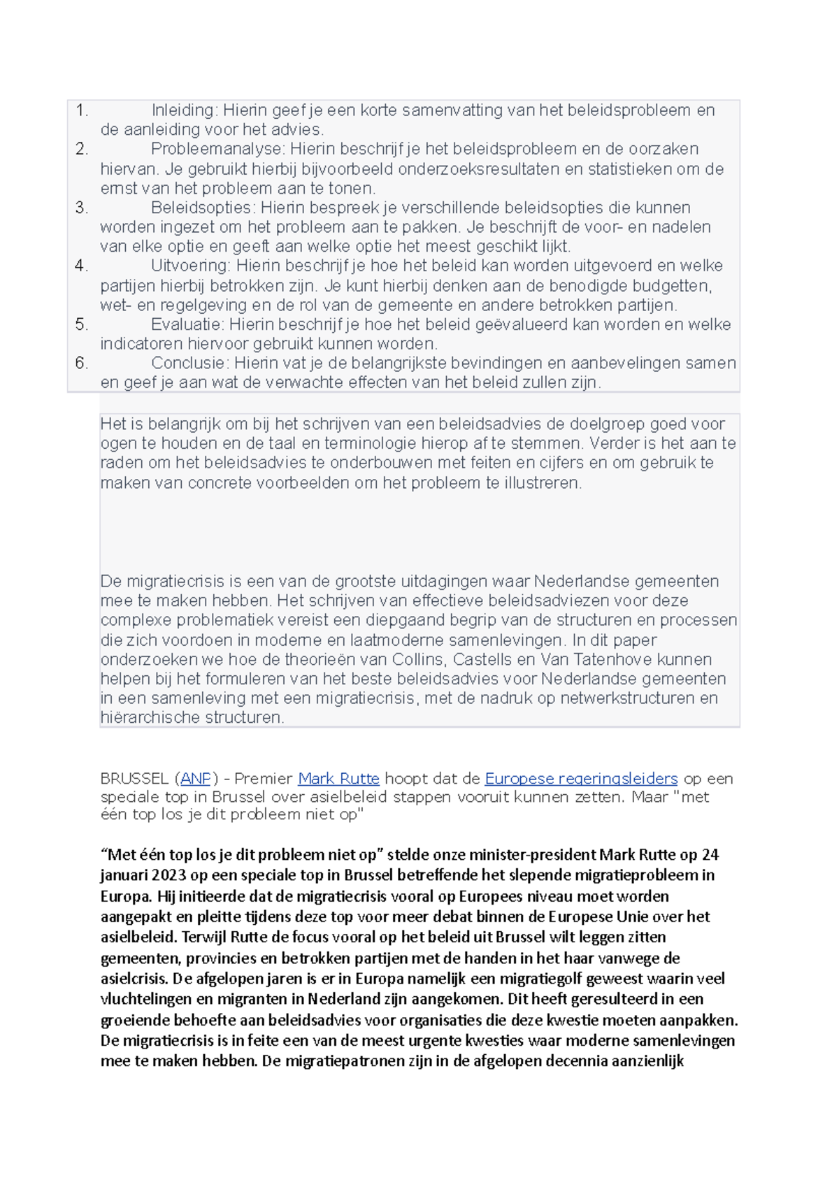 Paper migatiecrisis - Inleiding: Hierin geef je een korte samenvatting van het beleidsprobleem ...