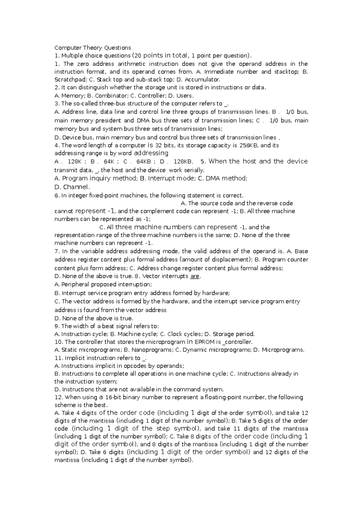 Computer Theory Questions Multiple Choice Questions 20 Points In Total 1 Point Per Question 