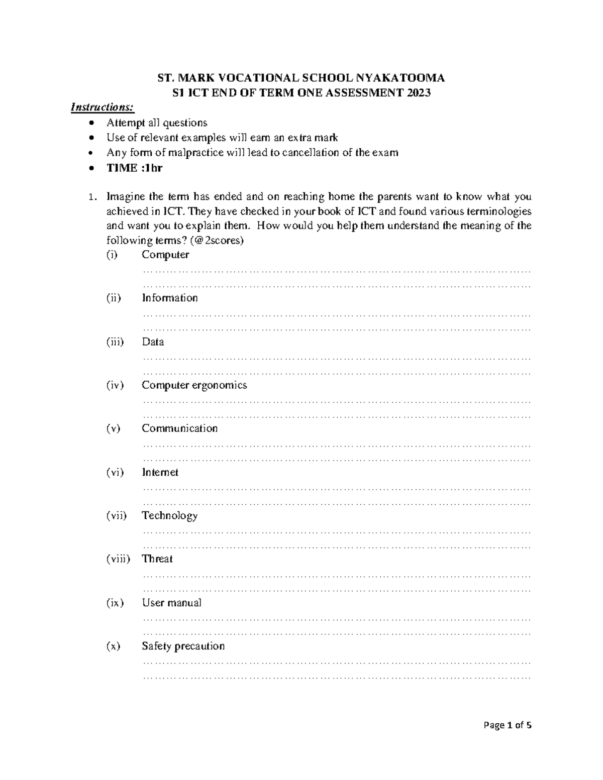 ICT, exams for senior one - ST. MARK VOCATIONAL SCHOOL NYAKATOOMA S1 ...