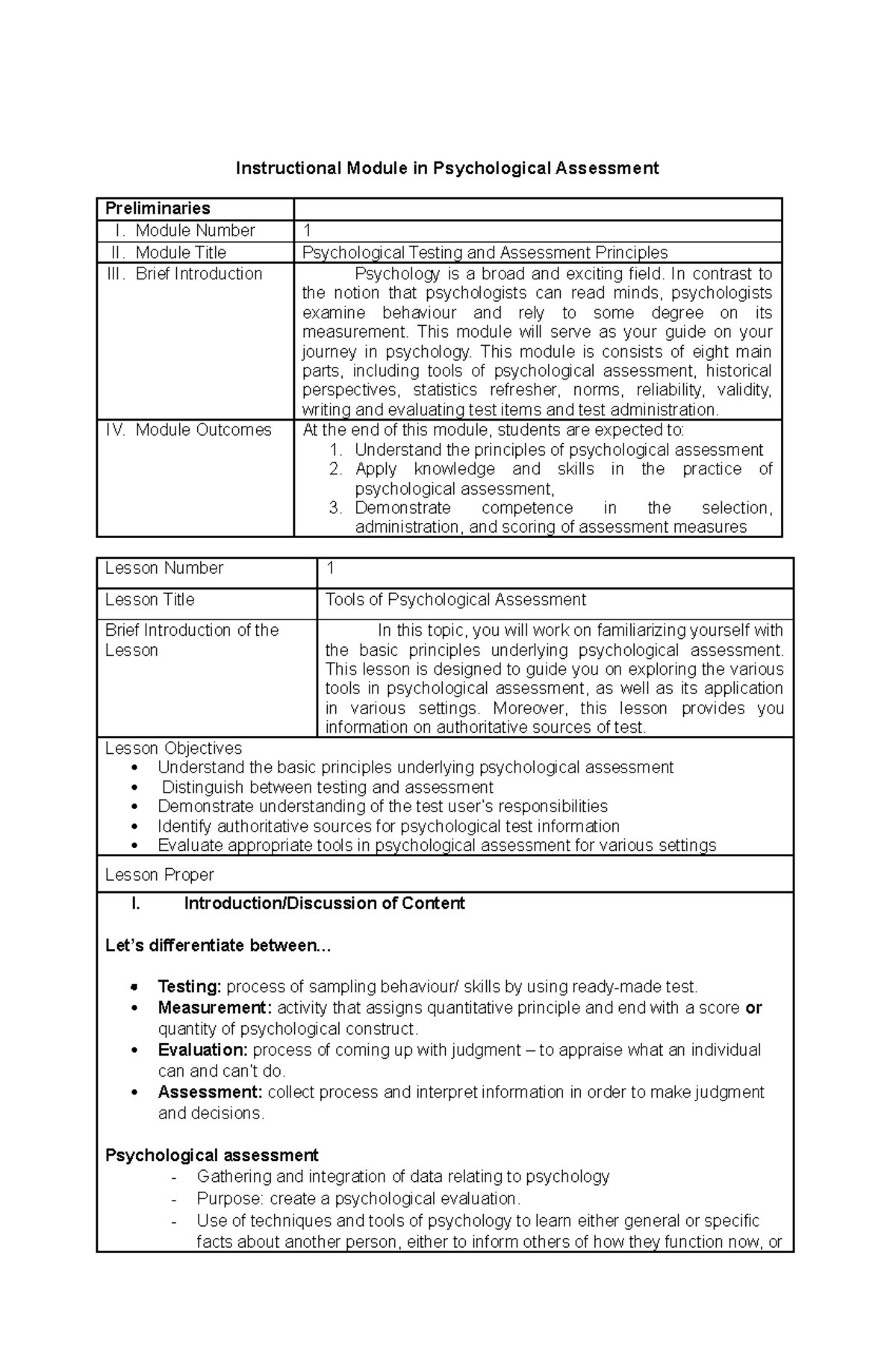 Psychological Assessment Lesson 1 - Instructional Module in ...