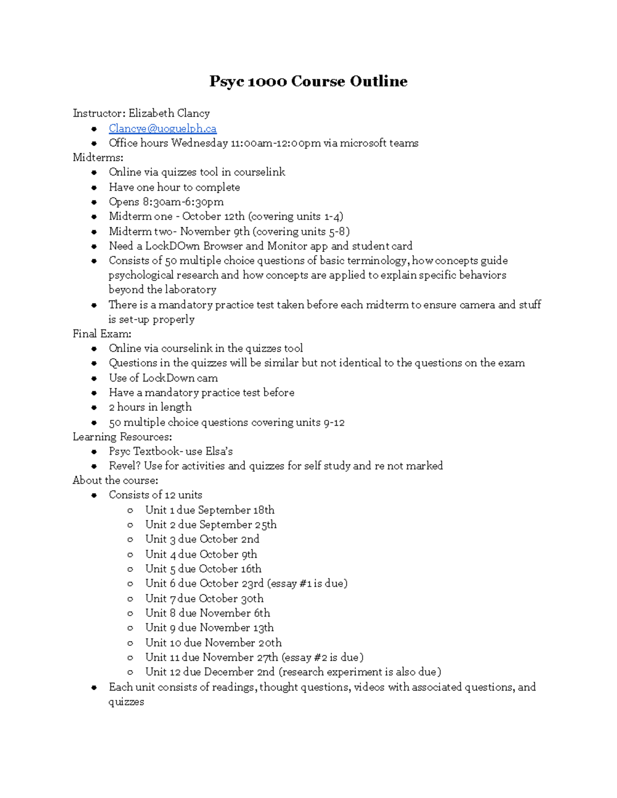 Psychology Course Outline - Psyc 1000 Course Outline Instructor ...