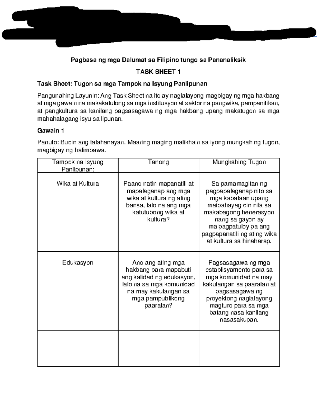 GE ELEC TASK Sheet 123 - Pagbasa ng mga Dalumat sa Filipino tungo sa ...