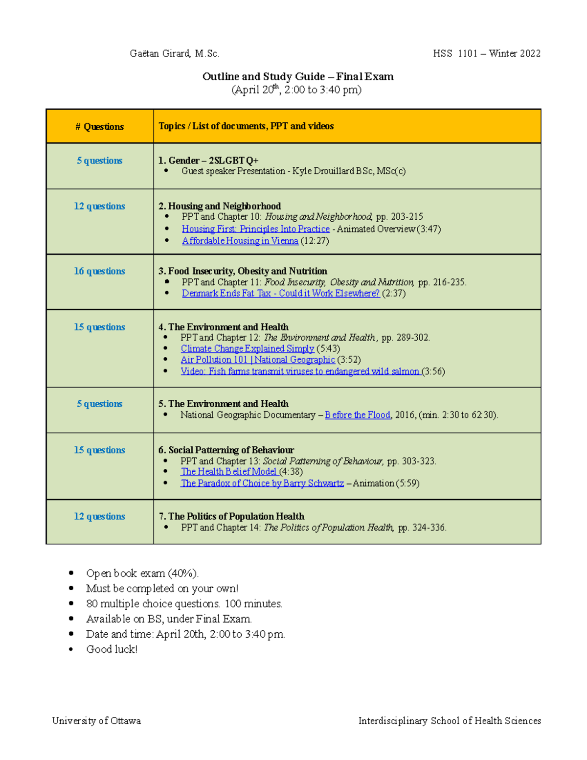 Exam 3 - Outline and Study Guide - Gaëtan Girard, M. HSS 1101 – Winter ...