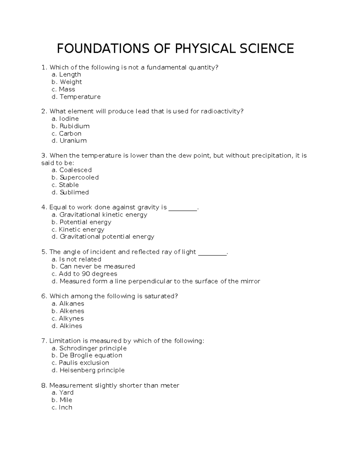 Foundations OF Physical Science - FOUNDATIONS OF PHYSICAL SCIENCE Which ...