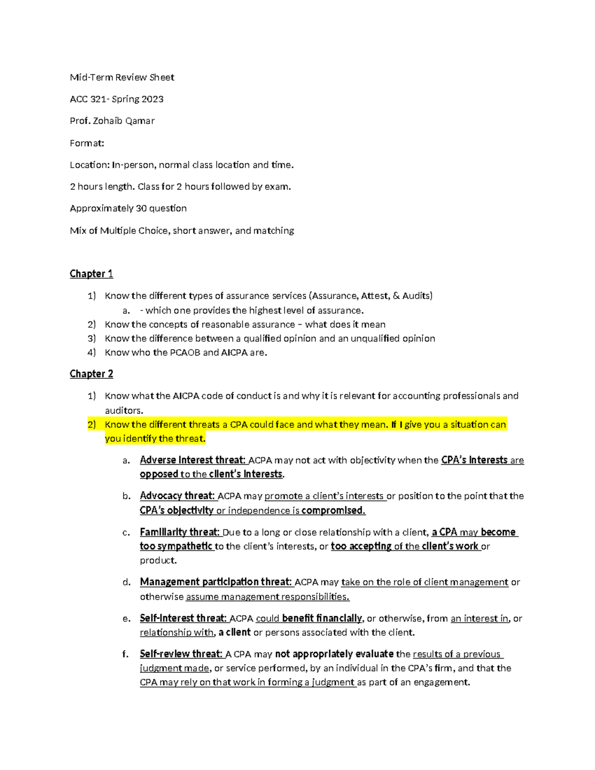 Mid-Term Review Sheet- ACC 321- Spring 2023 - Zohaib Qamar Format: Location: In-person, normal ...