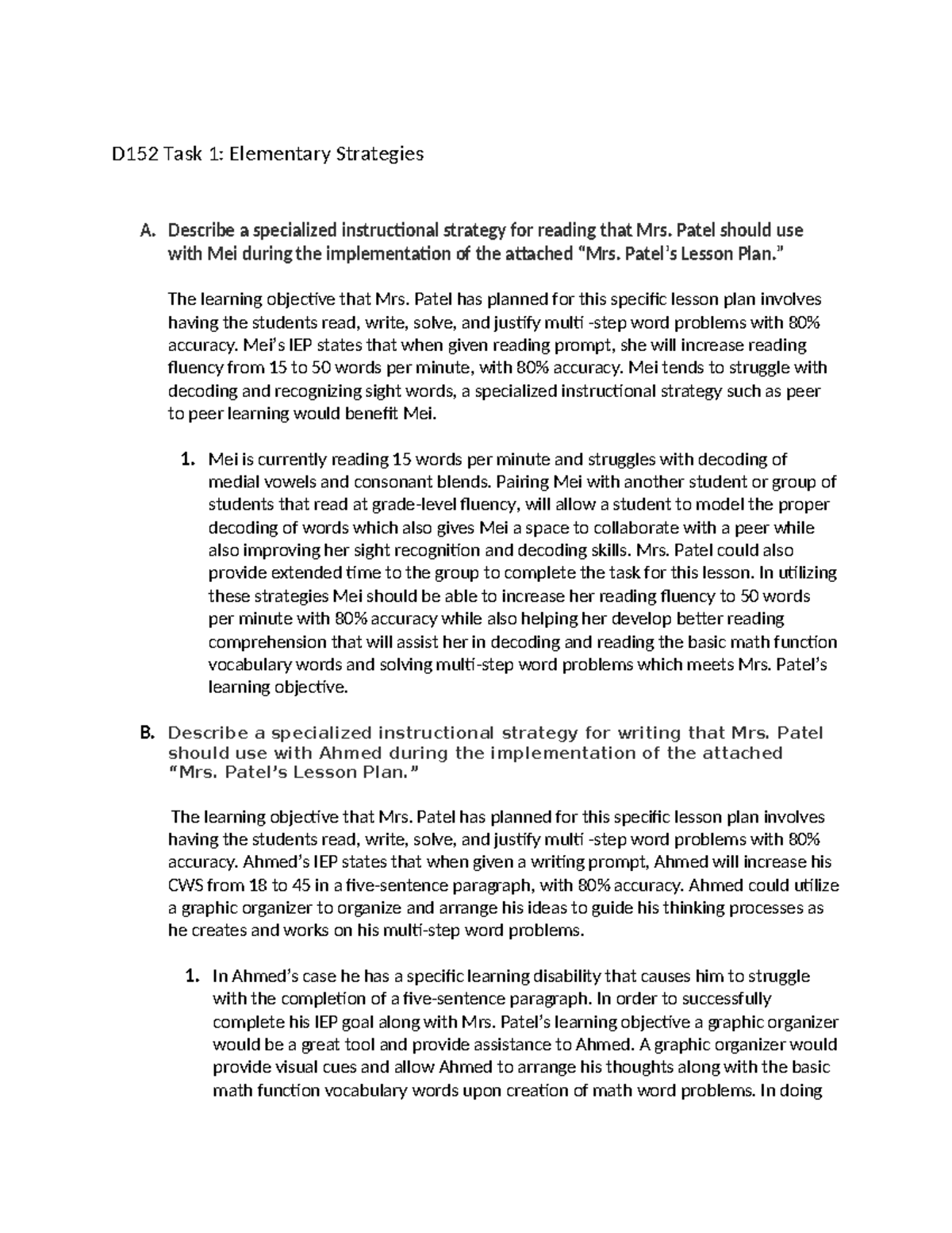 D152 Task 1 - D152 Task 1 - D152 Task 1: Elementary Strategies A ...