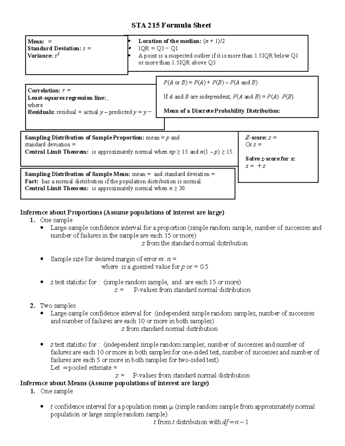 STA 215 Formula Sheet Fall 2020 - STA 215 Formula Sheet Inference about ...
