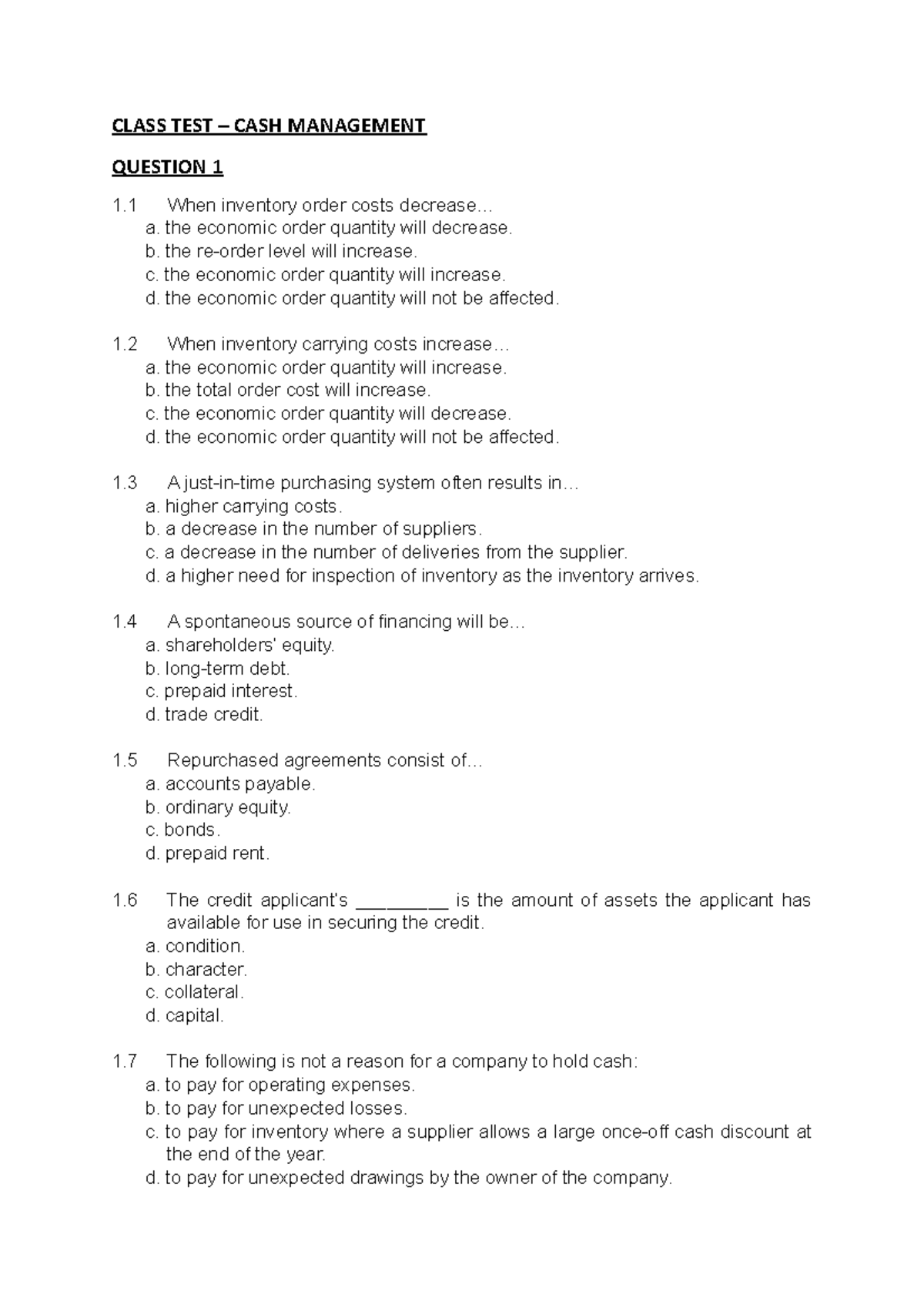 Class TEST - Cash Management - CLASS TEST – CASH MANAGEMENT QUESTION 1 ...